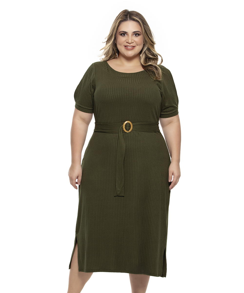 Vestido Midi Plus Size com Faixa que Define a Silhueta